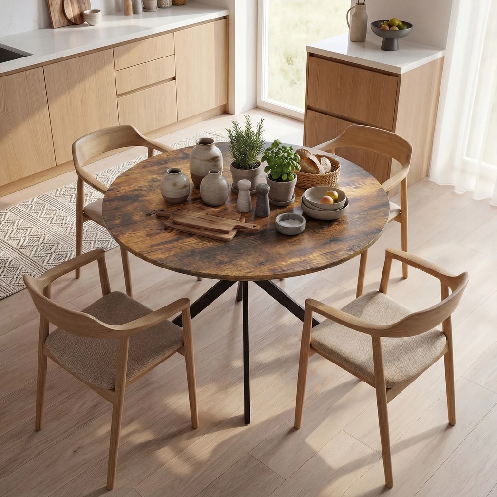 HOMCOM kulatý jídelní stůl pro 4 osoby, Ø100 cm, průmyslový styl, ocelové X-nohy, rustikální hnědá