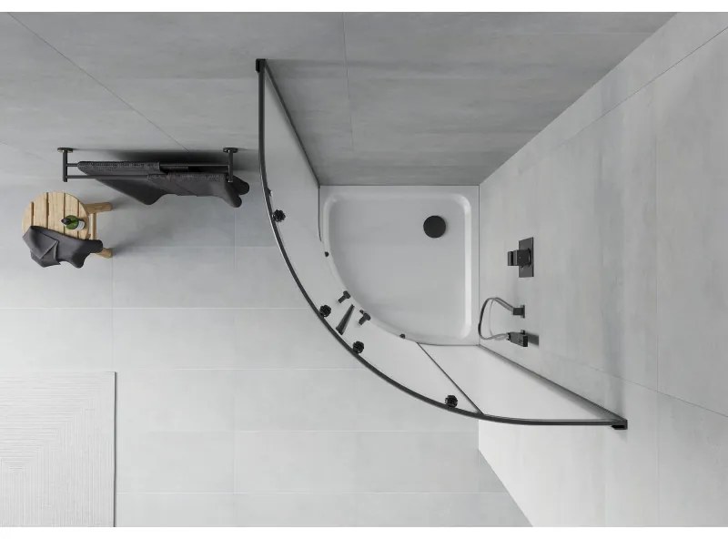 Mexen Rio, čtvrtkruhový sprchový kout s posuvnými dveřmi 80 (dveře) x 80 (dveře) x 190 cm, 5mm sklo námraza, černý profil + bílá sprchová vanička SLIM, 863-080-080-70-30-4110B