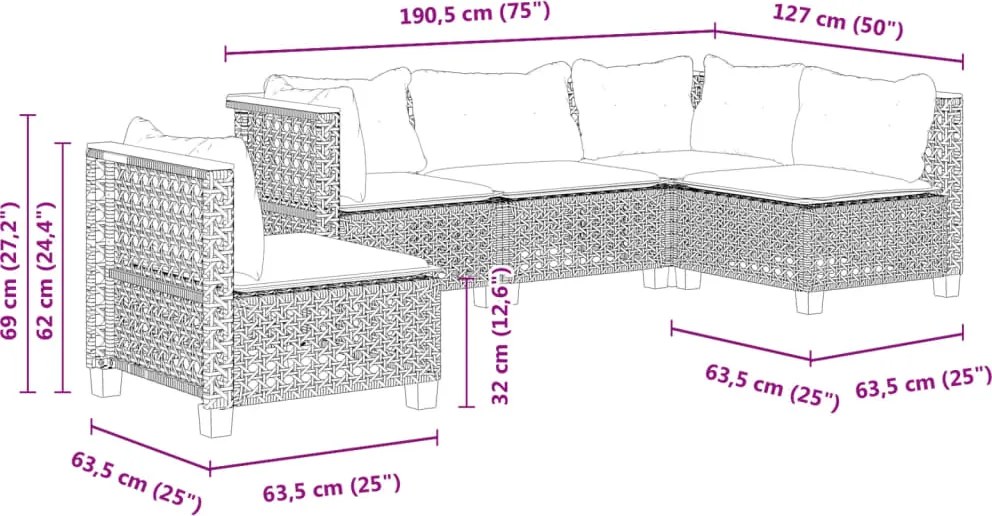 5dílná zahradní sedací souprava s poduškami černá polyratan 3261836