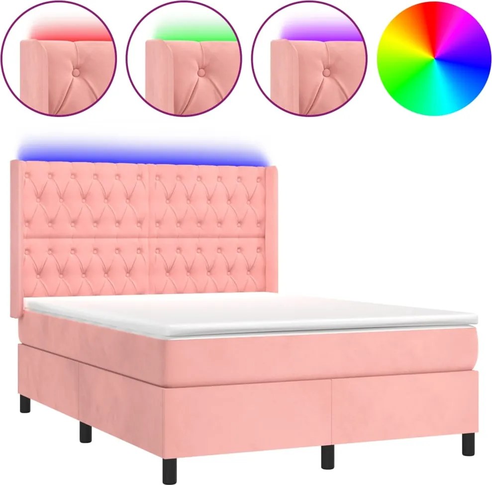 Box spring postel s matrací a LED růžová 140x190 cm samet 3139744