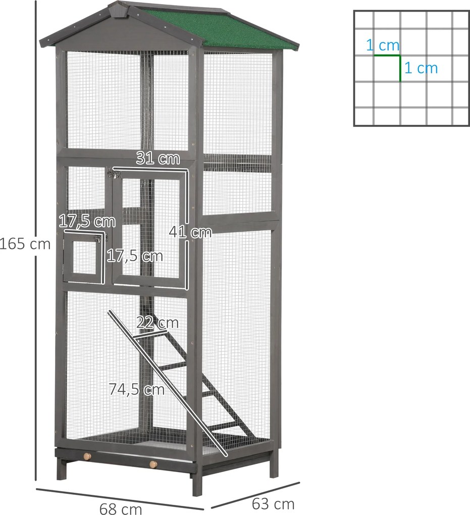 PawHut Velká Klec pro Ptáky z Masivního Dřeva s 2 Dveřmi, Asfaltovou Střechou a Odnímatelným Podnosem - 68 x 63 x 165 cm Šedá
