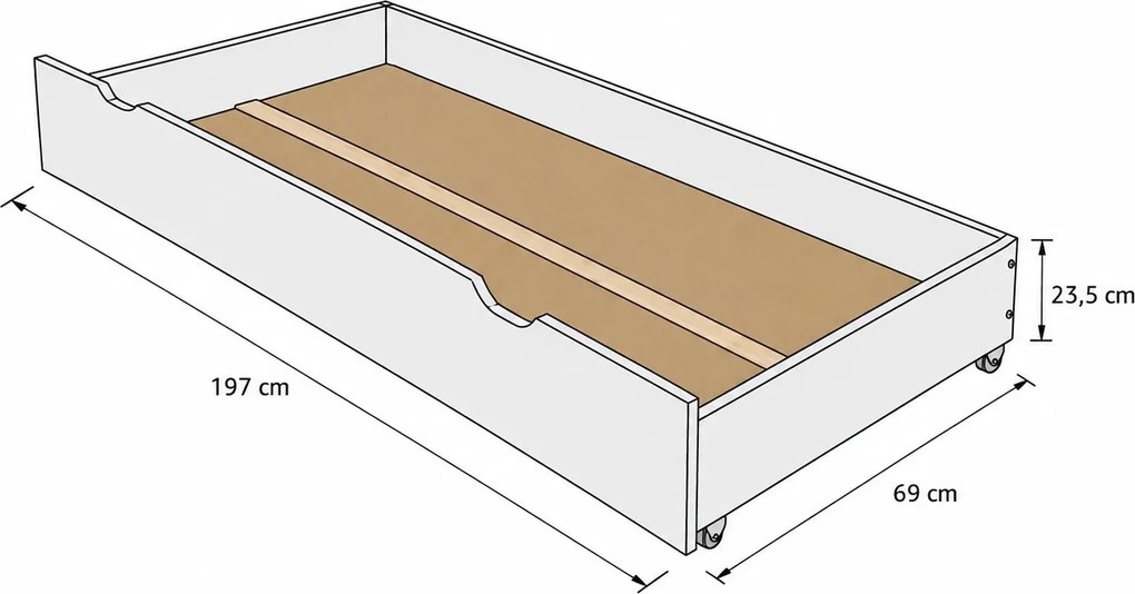 Šuplík pod postel 200 cm - přírodní borovice
