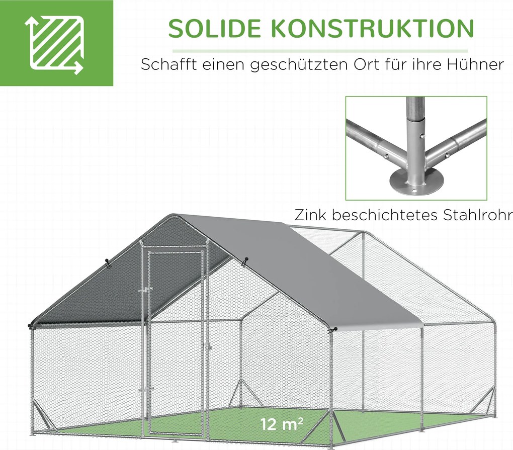 PawHut XXL kurník pro slepice s volným výběhem Drůbežárna se stínící střechou se zámkem pro 8-12 slepic Kachna Králík Ocel 3 x 4 x 2 m