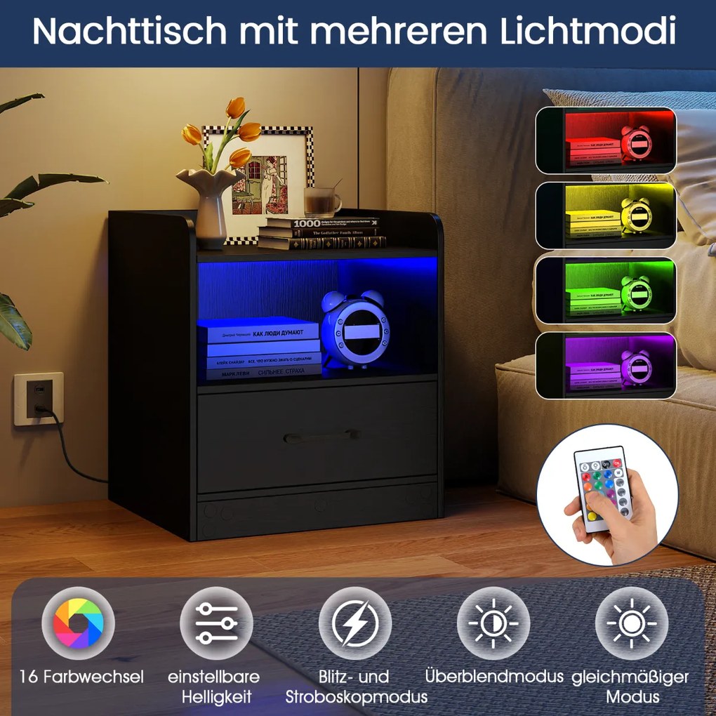 Costway Noční stolek s LED osvětlením a otevřenou přihrádkou a zásuvkou noční