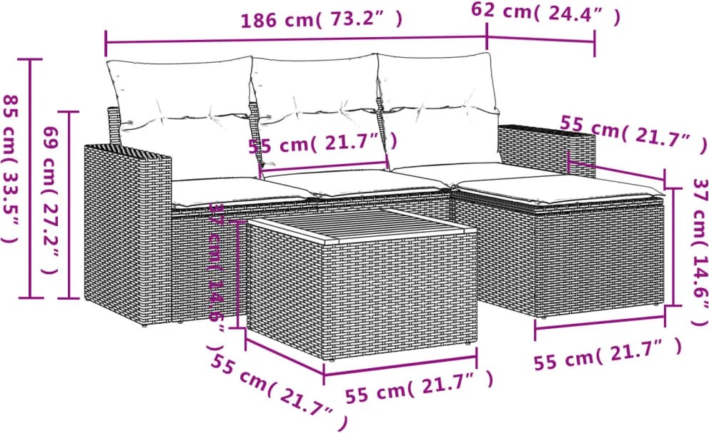 5dílná zahradní sedací souprava s poduškami černá polyratan 3224088