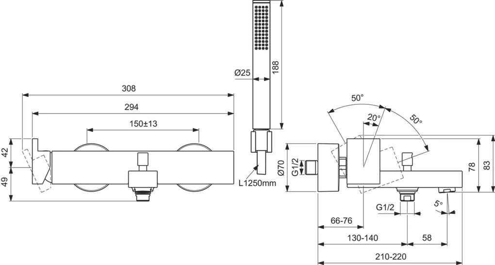 Ideal Standard Extra - Vanová baterie nástěnná se sprchovým setem, magnetově šedá BD514A5