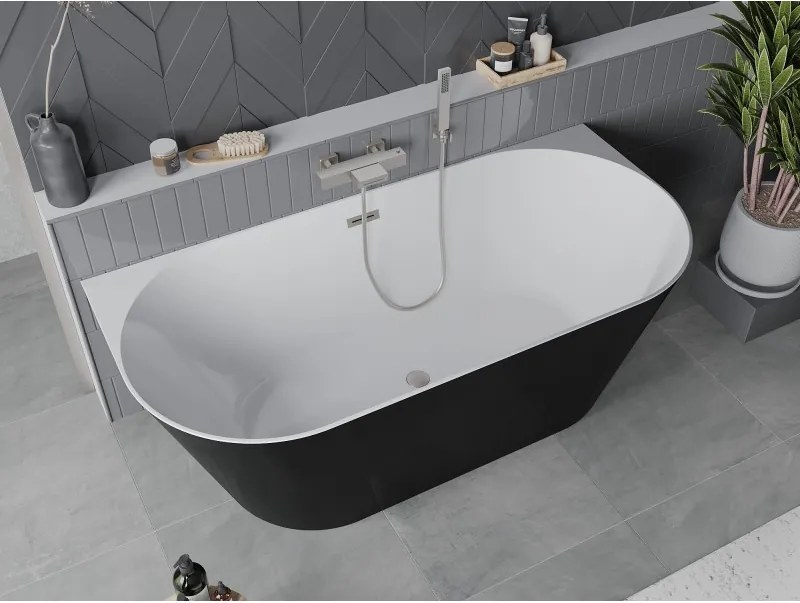 Mexen Oval Slim, volně stojící vana ke stěně, 170 x 80 cm, bílá-černá, ocelový přepad, 52661708075-97