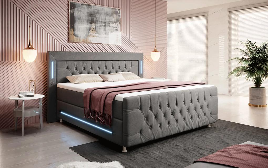 Boxspring postel PARADISE bez úložného prostoru s LED a USB, látka Velikost postele: 180 × 200 cm, Barva látky: Šedá látka, Výběr matrace: Oboustranná…