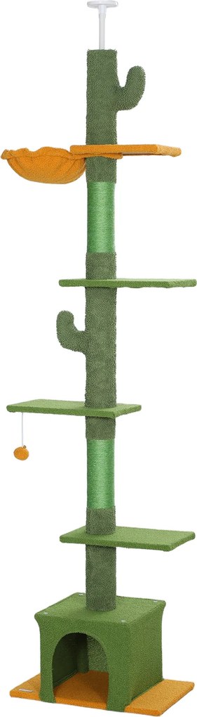 PawHut Stropní Kočičí Škrabadlo, Kočičí Stromeček, 230-275 cm S Kočičí Jeskyní, Škrabadly, Hracím Míčkem, Nábytek Pro Kočky S Antikolizními Zařízeními