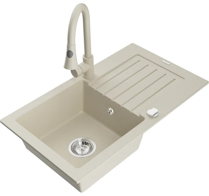 Mexen Pablo, 1-komorový granitový dřez 752x436x161 mm a dřezová baterie Elia, béžová, 6510-69-670101-69