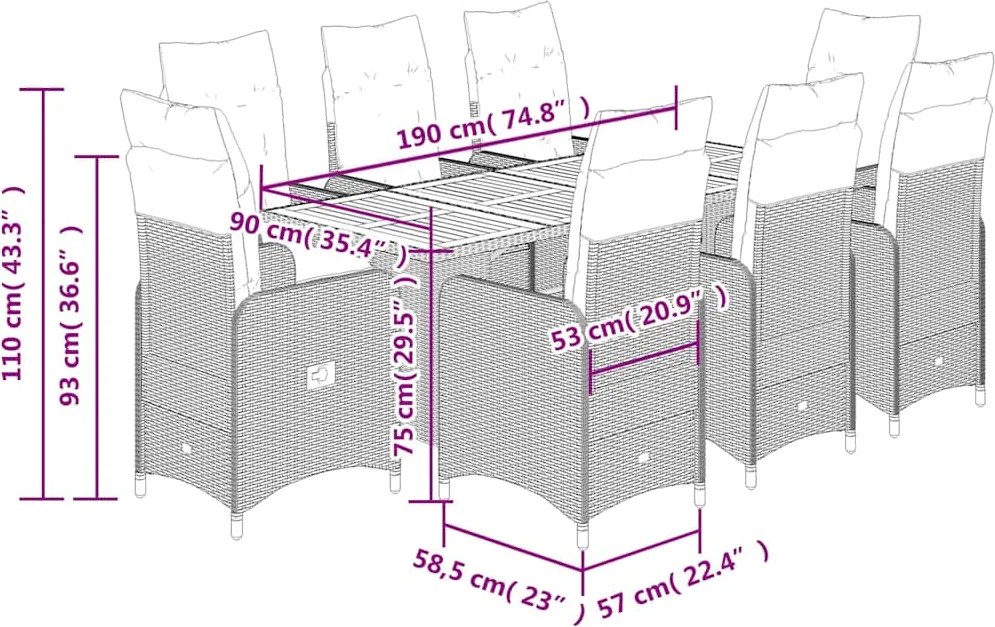 9dílný zahradní bistro set s poduškami černý polyratan 3276985