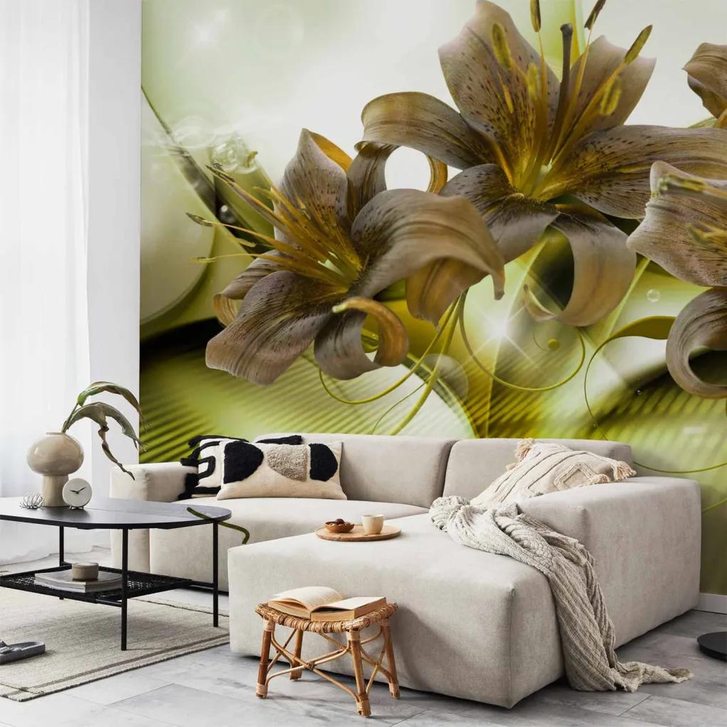 Fototapeta Čtyři lilie - zelená abstrakce s osvětleným pozadím a vzory