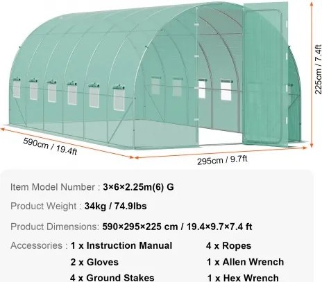 Walk-in tunelový skleník 5,9 × 2,95 × 2,26 m pozinkovaný rám PE kryt zelený