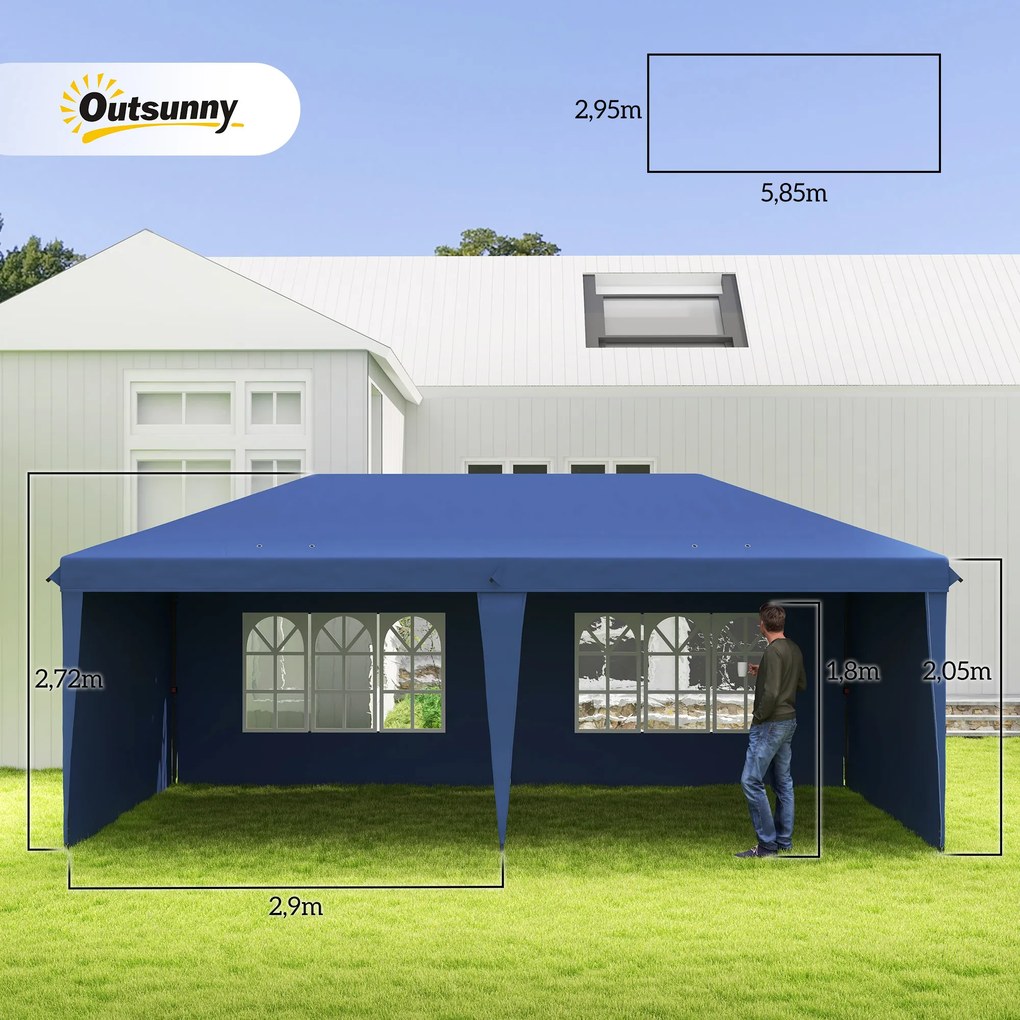 Outsunny skládací pavilon 6x3 m, pop-up s 4 odnímatelnými bočními stěnami, zahradní pavilon se 2 okny a přepravní taškou, modrý