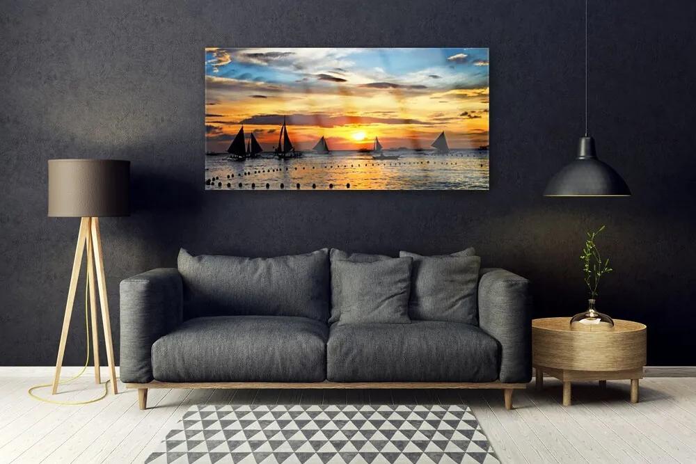 akrylový obraz Loďky Moře Slunce Krajina 120x60 cm