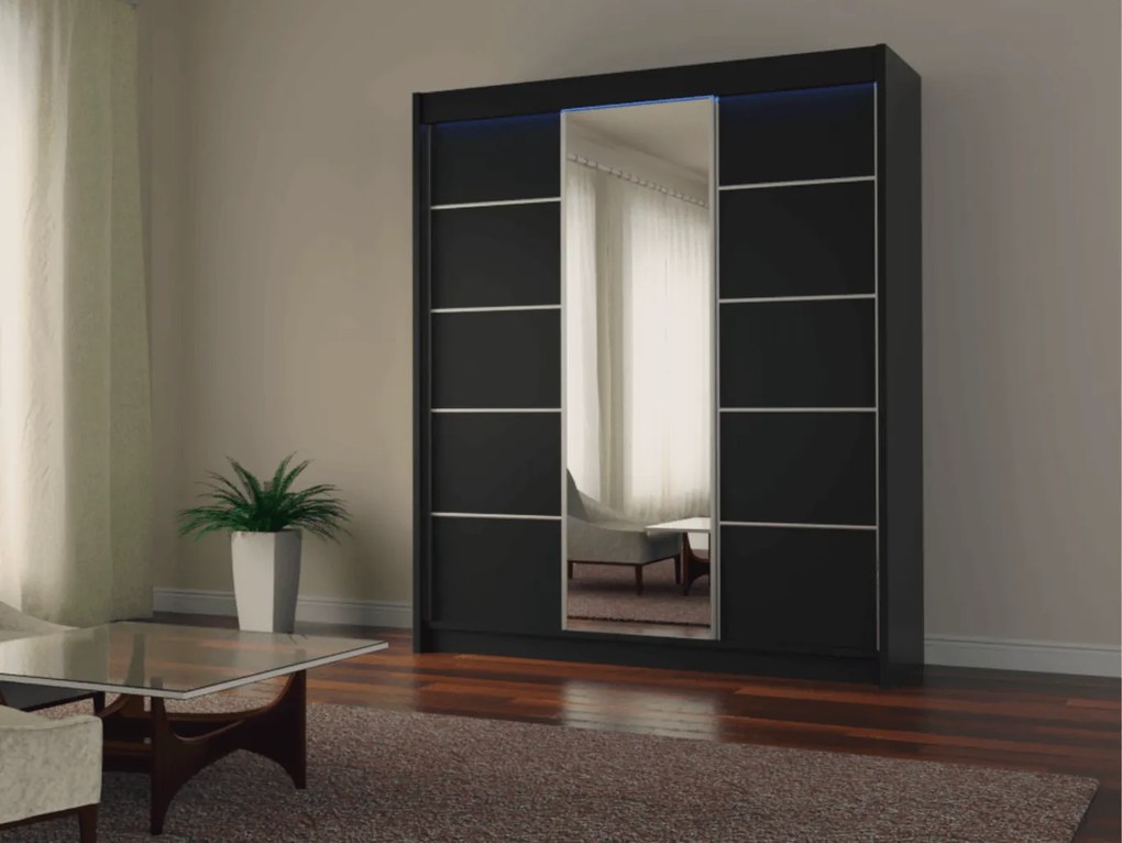 Moderní zrcadlová šatní skříň 180 cm Elena Barva: Černá / Bílá