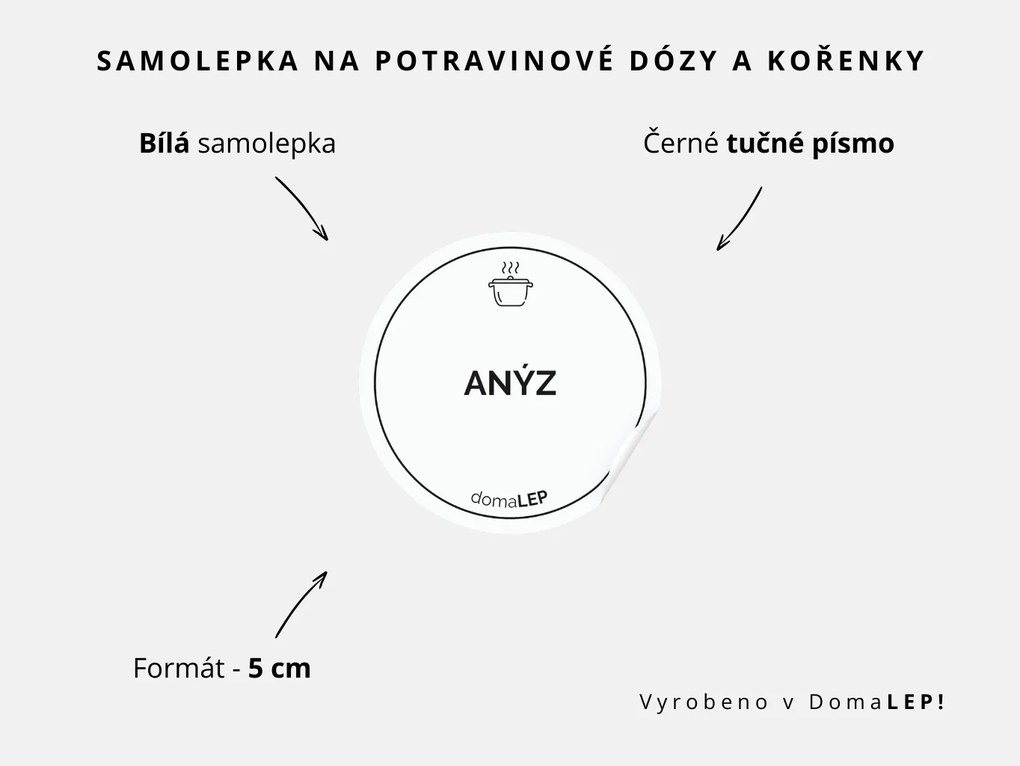 ANÝZ - omyvatelná samolepka na kořenky, výběr rozměrů Ø 5 cm / 5 x 5 cm / 6 x 8 cm | DomaLEP tvar: ČTVEREC, barva: BÍLÁ - ČERNÉ písmo, velikost: š. 5 cm x v. 5 cm - základní písmo