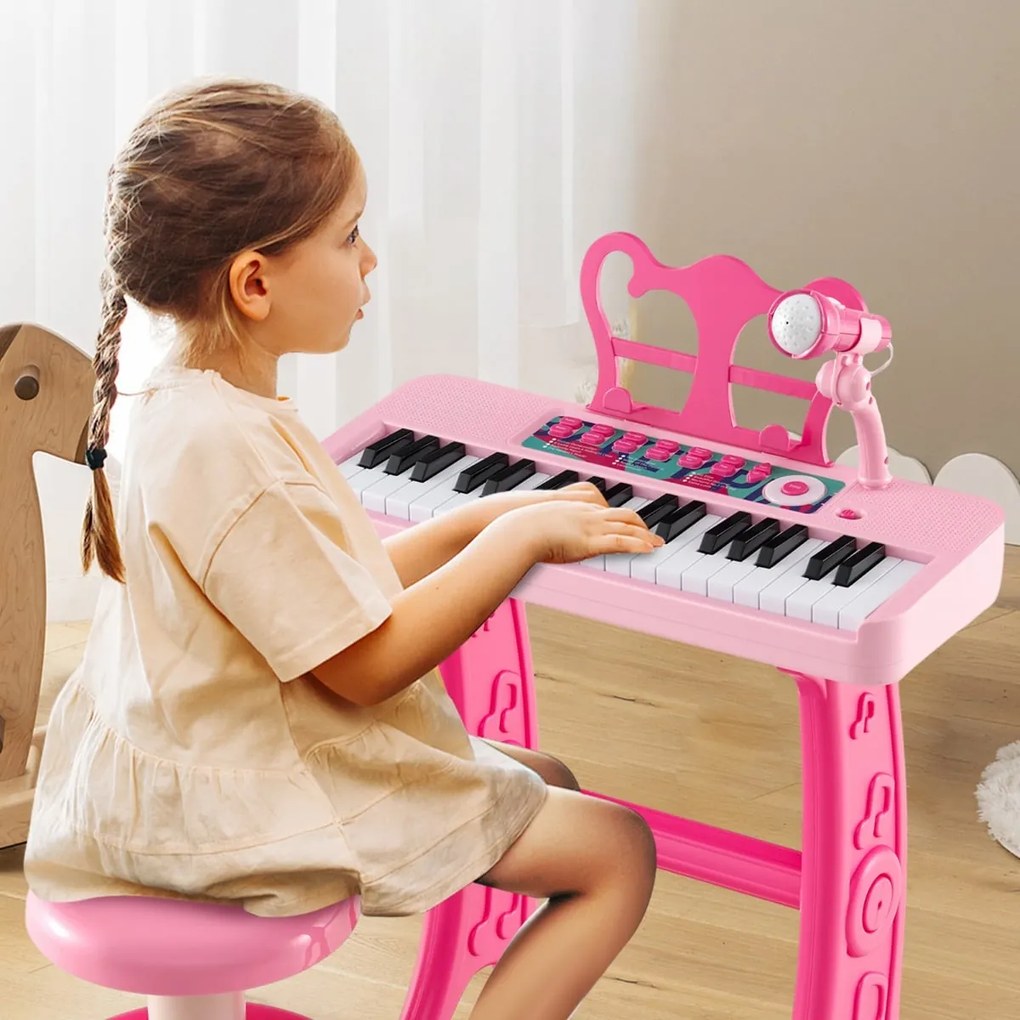 Costway Dětské elektronické piano s 37 klávesami a stoličkou, růžové