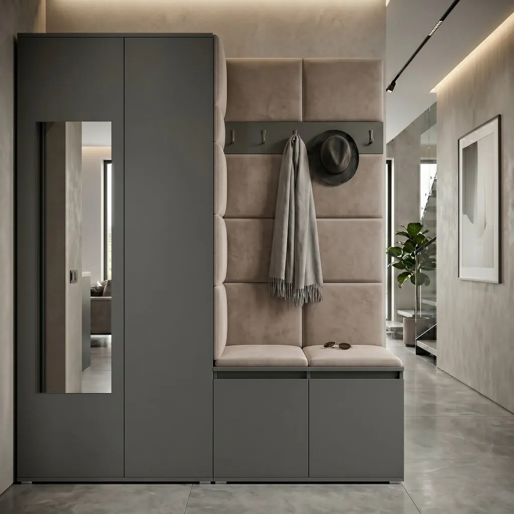 Předsíňová stěna Trinity 8 s čalouněnými panely, 190 cm, grafit/ světle béžová