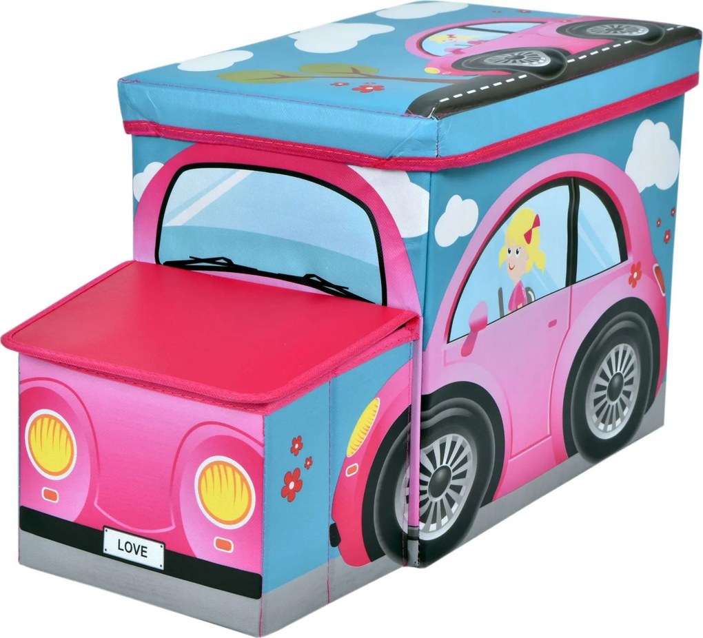 Skládací taburet / koš na hračky Růžové auto