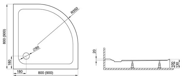 Polimat Čtvrtkruhová krylátová sprchová vanička Standard 2 80x80 (90x90) Barva: Bílá, Rozměry (cm): 90x90
