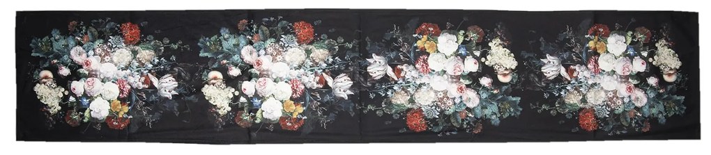 Černý běhoun na stůl s květy - 35*180 cm