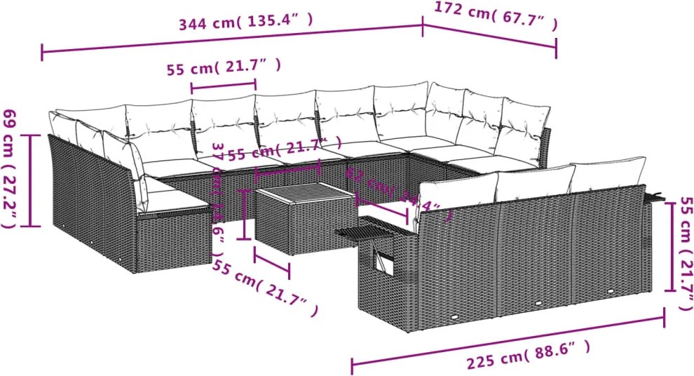 14dílná zahradní sedací souprava s poduškami šedá polyratan 3257138