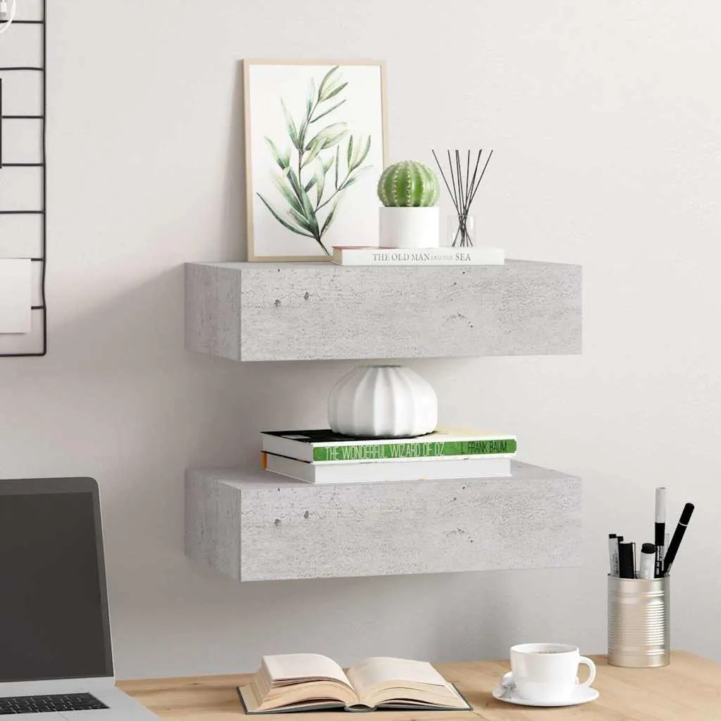 Nástěnné police se zásuvkou 2 ks betonově šedé 40x23,5x10cm MDF 330252