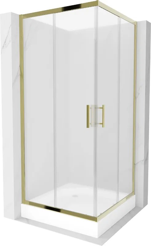 Mexen Rio, čtvercový sprchový kout s posuvnými dveřmi 90 (dveře) x 90 (dveře) x 190 cm, 5mm sklo námraza, zlatý profil + bílá sprchová vanička RIO, 860-090-090-50-30-4510