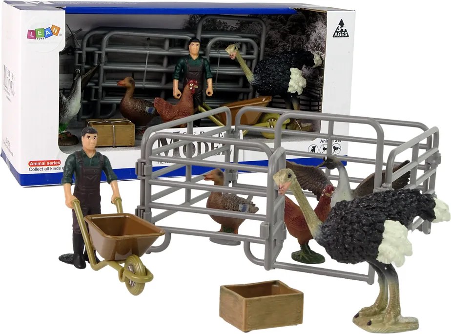 LEAN Toys Sada figurek hospodářských zvířat s farmářem a ptáky