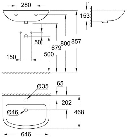 GROHE 39420000 - Závěsné umyvadlo EURO CERAMIC 646 × 468 mm keramika/bílá