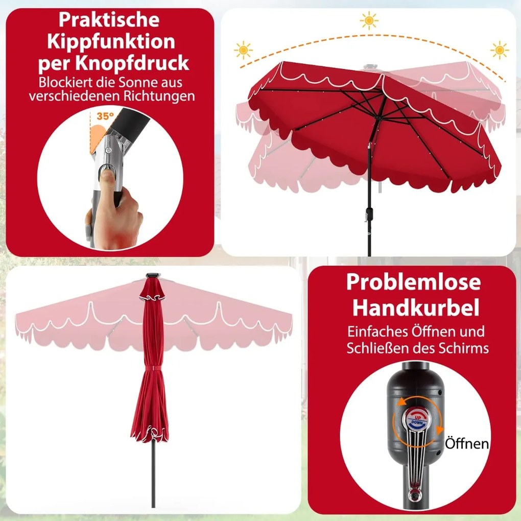 Costway 300 cm slunečník s LED osvětlením a klika a záclonka market, víno