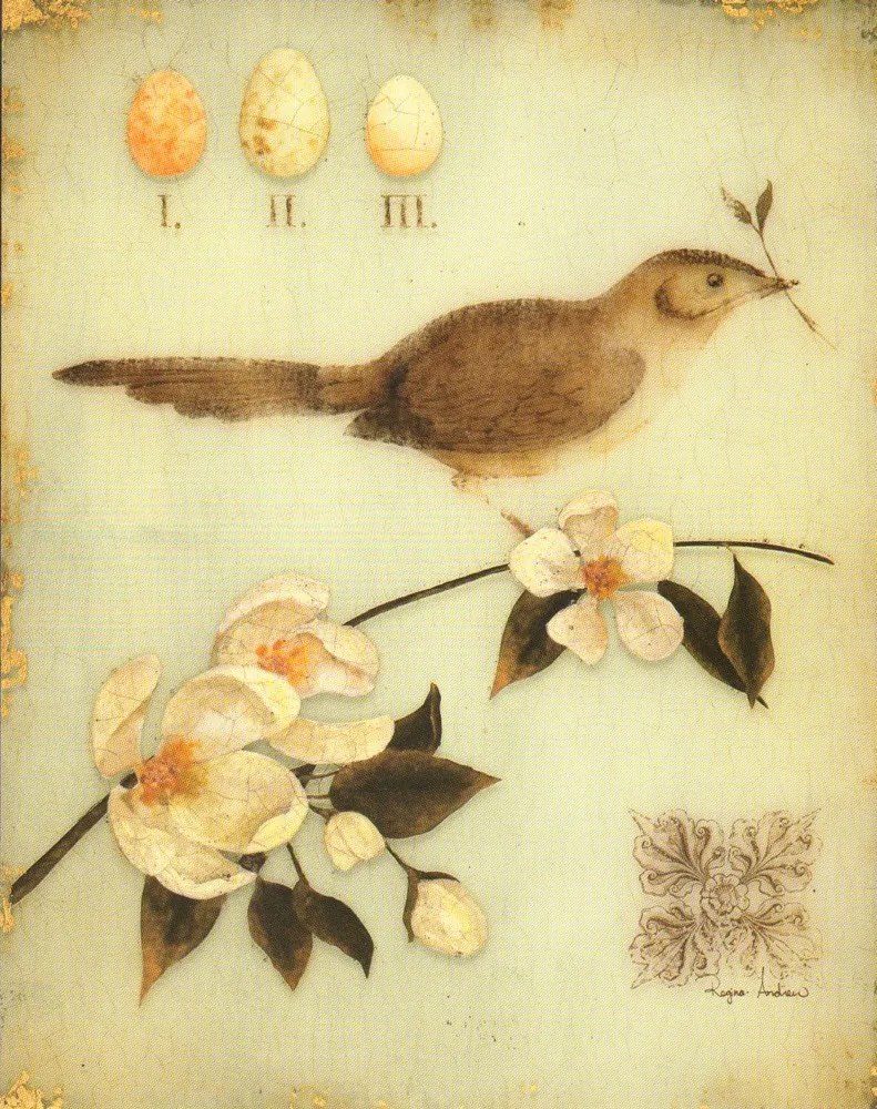 ART-STYLE Obrázek 24x30, ptáček, rám bílý s patinou