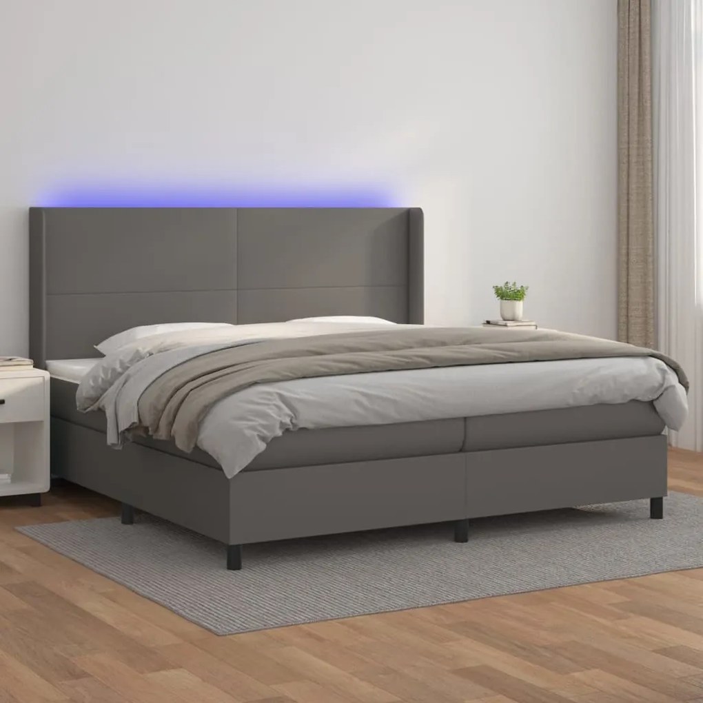 Box spring postel s matrací a LED šedá 200x200 cm umělá kůže