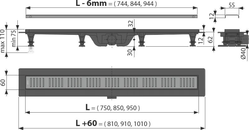 ALCA Podlahový žlab s okrajem pro perforovaný rošt, mosaz APZ10BLACK-950BRASS