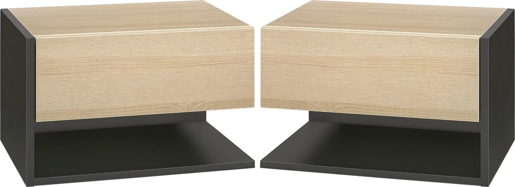 HOMCOM Sada 2 floating nočních stolků se zásuvkou a otevřenou poličkou do ložnice 46x30x30 cm Dub a černá | Aosom