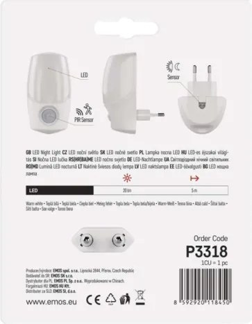 LED noční světlo EMOS P3318 s pohybovým čidlem do zásuvky