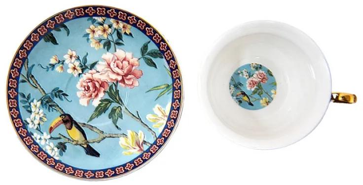 Modrý porcelánový šálek s podšálkem s květy a Tukanem – 12x10x6 cm