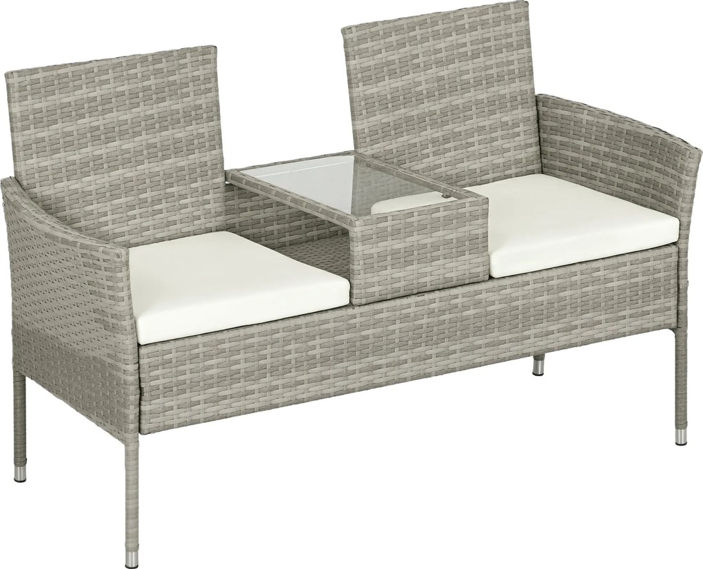 Outsunny Zahradní lavice pro 2 osoby s centrálním konferenčním stolkem, zahradní pohovka z oceli, PE ratan a polyester, 137x59x82 cm, šedá a krémová |