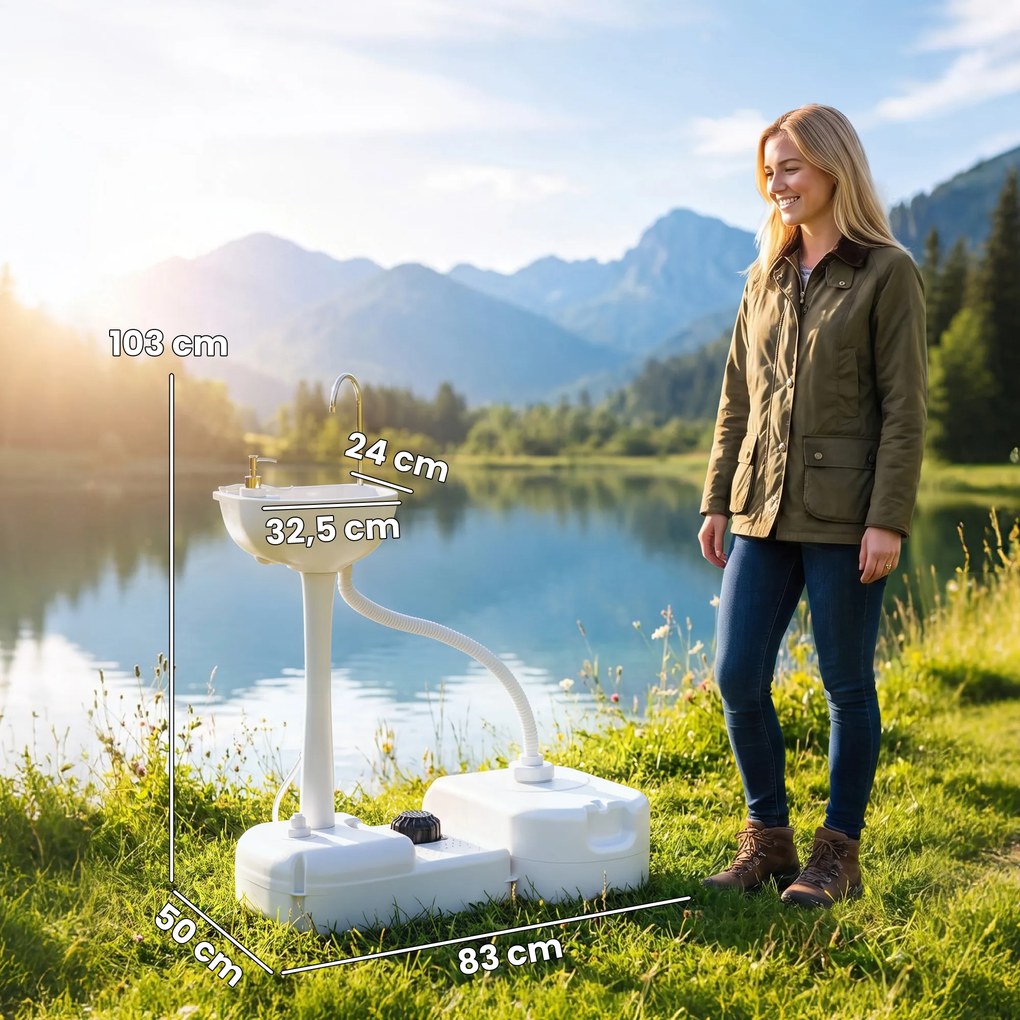 Outsunny Kempingové umyvadlo 17L Ruční umyvadlo se sběračem odpadní vody Dřez s dávkovačem HDPE šedý 83x50x103 cm pro venkovní použití |