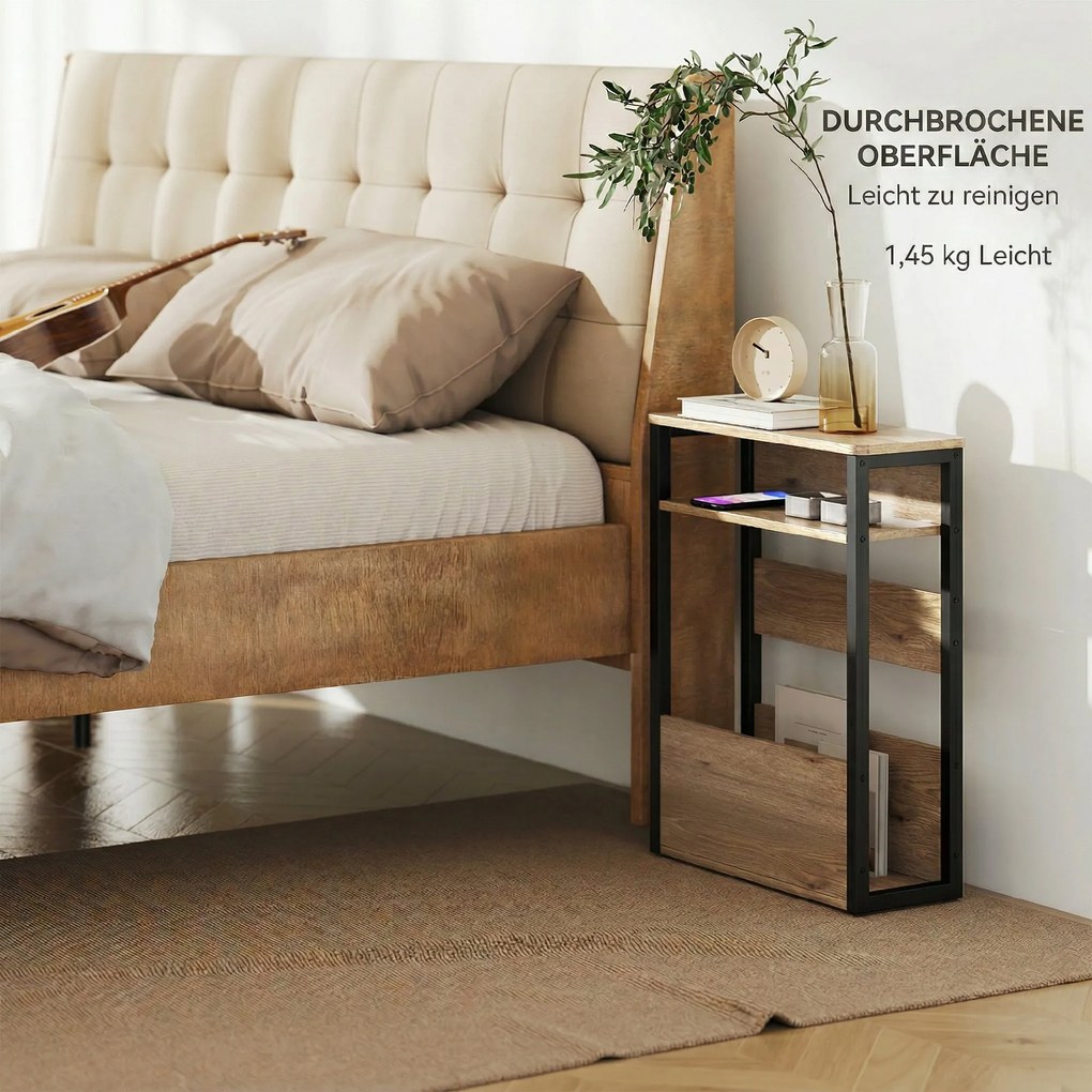 HOMCOM příruční stolek, noční stolek se dvoustupňovou odkládací plochou, zaoblené rohy, 46 d x 18 š x 58,5 v cm, ořech