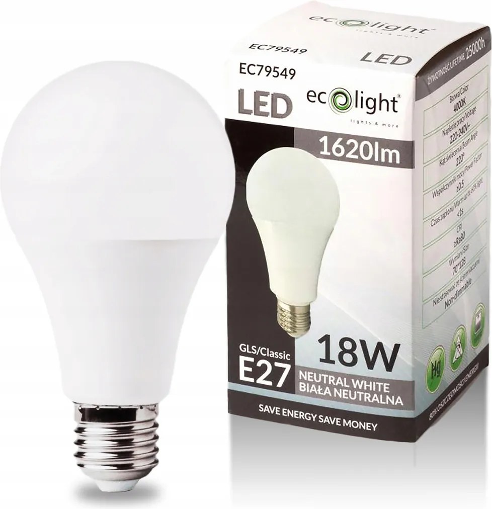 LED žárovka E27 18W = 130W SMD 180W 4000K Neutrální Premium Neblikající Silná