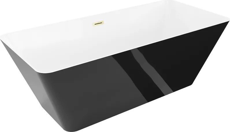 Mexen Velo Slim, volně stojící vana 170 × 75 cm, bílá/černá lesklá, zlatý matný přepad, 52811707575-55