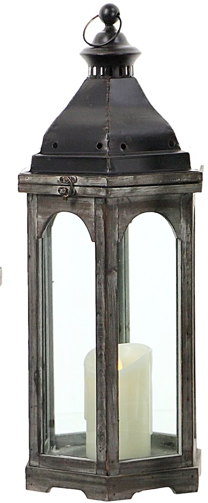 Dřevěný lucerna s plechovým vrchem MSL3563BR - hnědo-bílý (28x24x59 cm)  venkovský stylu