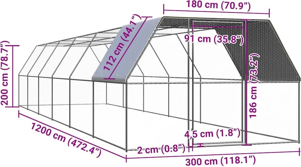 Venkovní klec pro kuřata 3 x 12 x 2 m pozinkovaná ocel 3089328