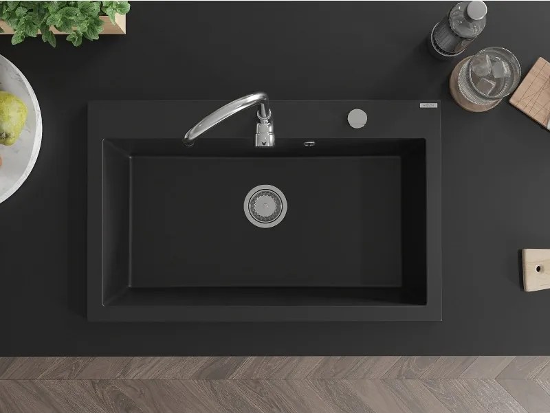 Mexen Elix granitový dřez s jednou komorou 800 x 500 mm, černý, sifon chrom - 6527801005-77