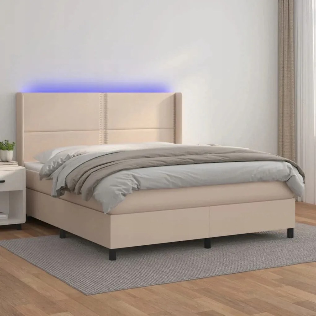 Box Spring Postel Matrace A Led 180X200Cm Umělá Kůže Cappuccino Hladké s hř