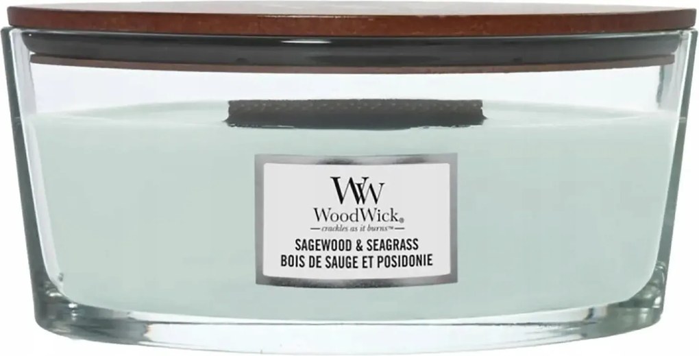 WoodWick vonná svíčka s dřevěným knotem Elipsa Sagewood & Seagrass 453,6g