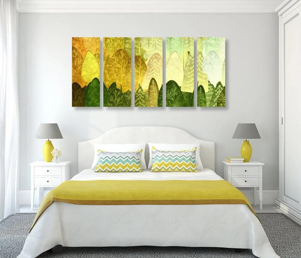 5-dílný obraz zelené asymetrické stromy - 200x100 cm