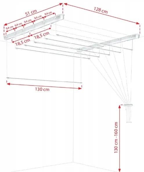 Erga Erga, stropní věšák na sušení prádla 6x130 cm, bílé, ERG-SEP-10SUSSUF6PP13